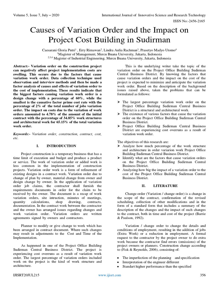 Causes of Variation Order and The Impact On Project Cost Building in ...