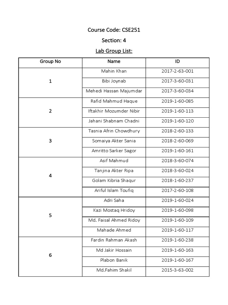 Course Code: CSE251 Section: 4 Lab Group List | PDF