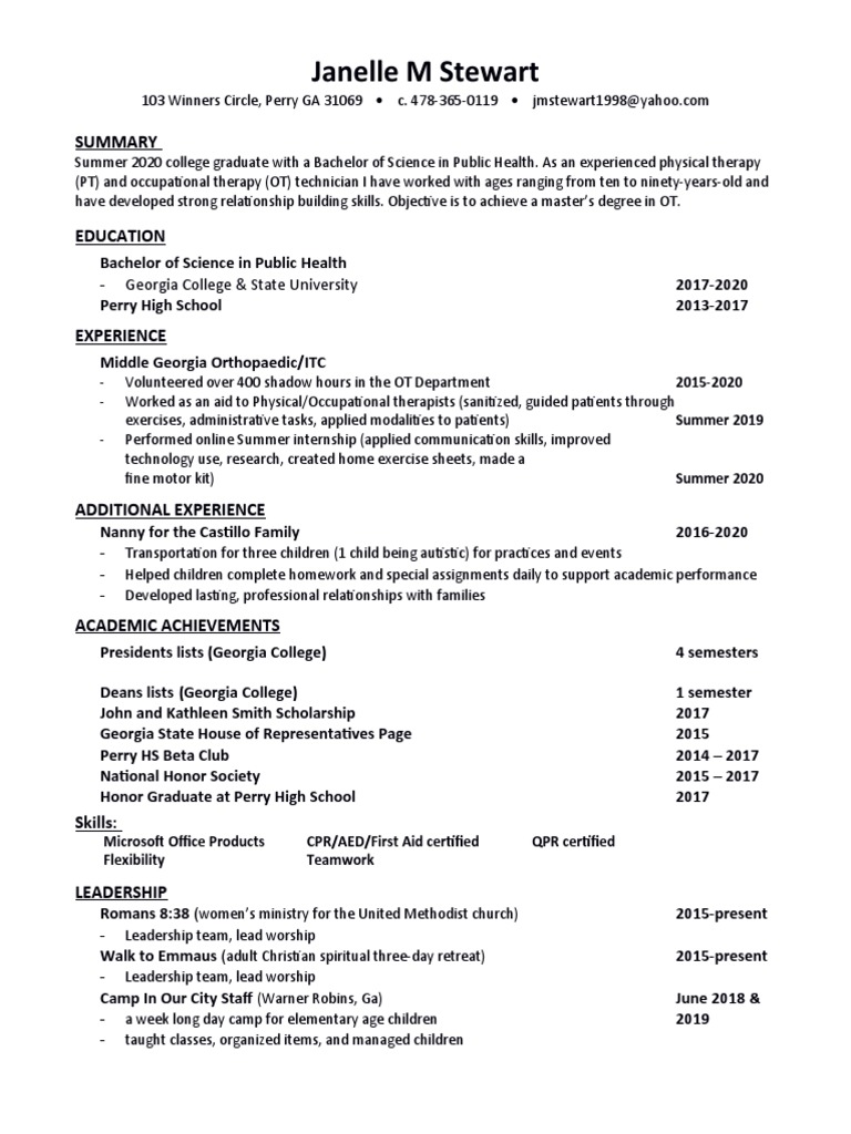 Janelle Stewart Internship Resume | PDF | Occupational Therapy ...