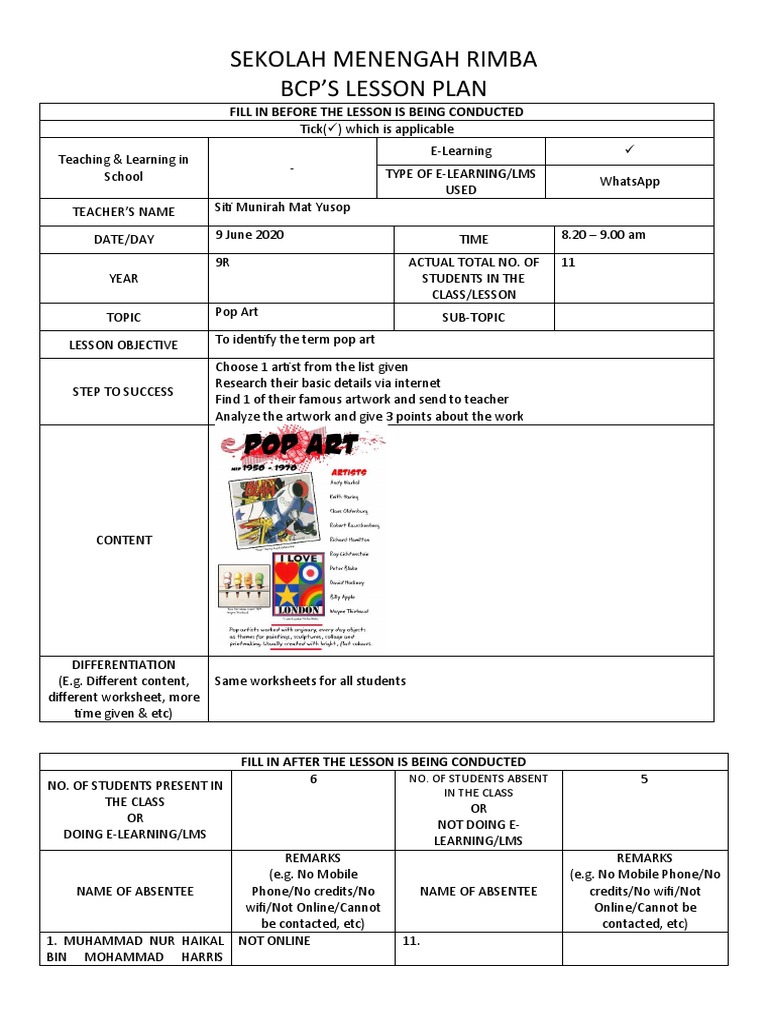 Sekolah Menengah Rimba BCP'S Lesson Plan: Fill in Before The Lesson Is Being Conducted | PDF ...