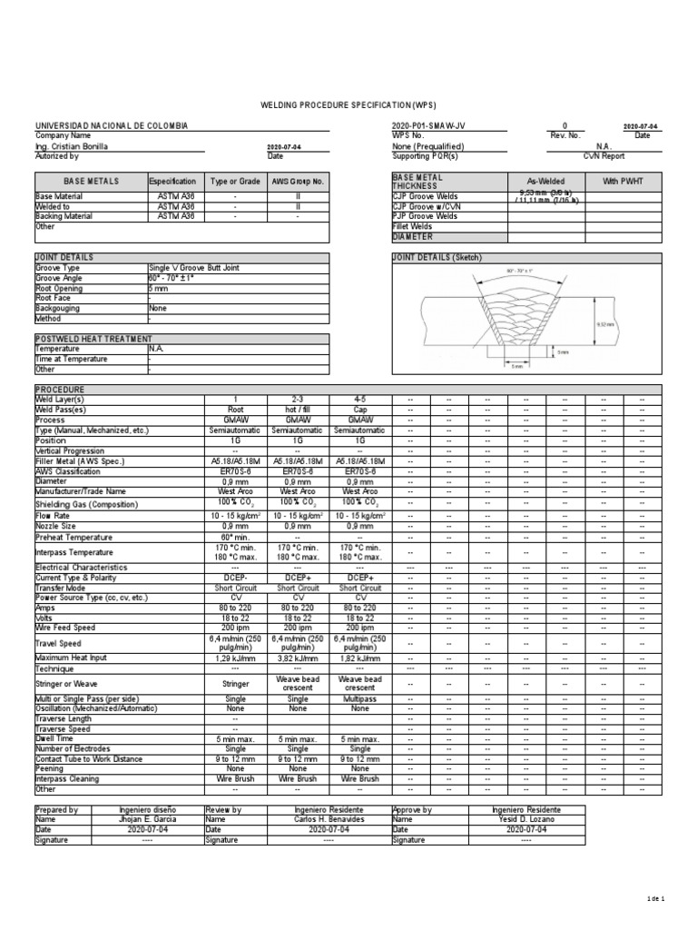 Plantilla WPS (GMAW-MIG) Junta V | PDF | Welding | Construction