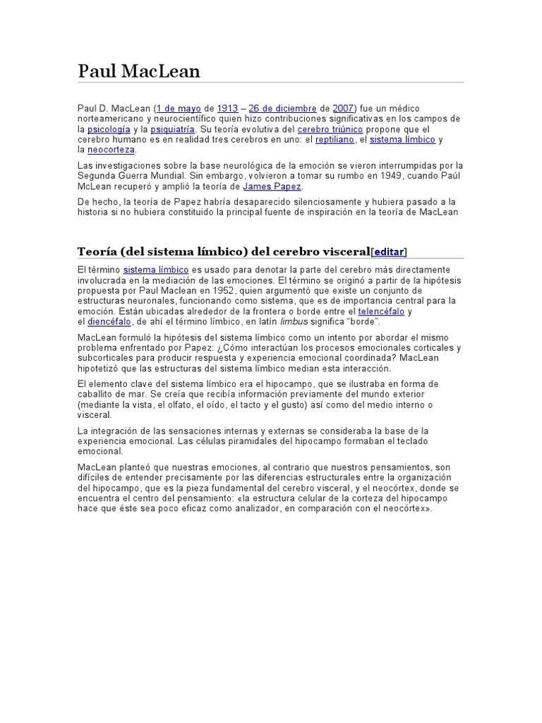 Paul MacLean y el cerebro triúnico | PDF | Cerebro | Sistema nervioso