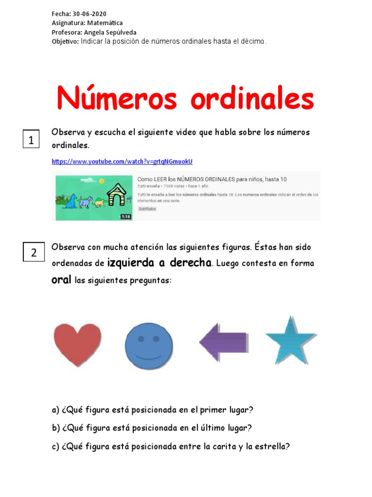 Números ordinales para primer grado | PDF