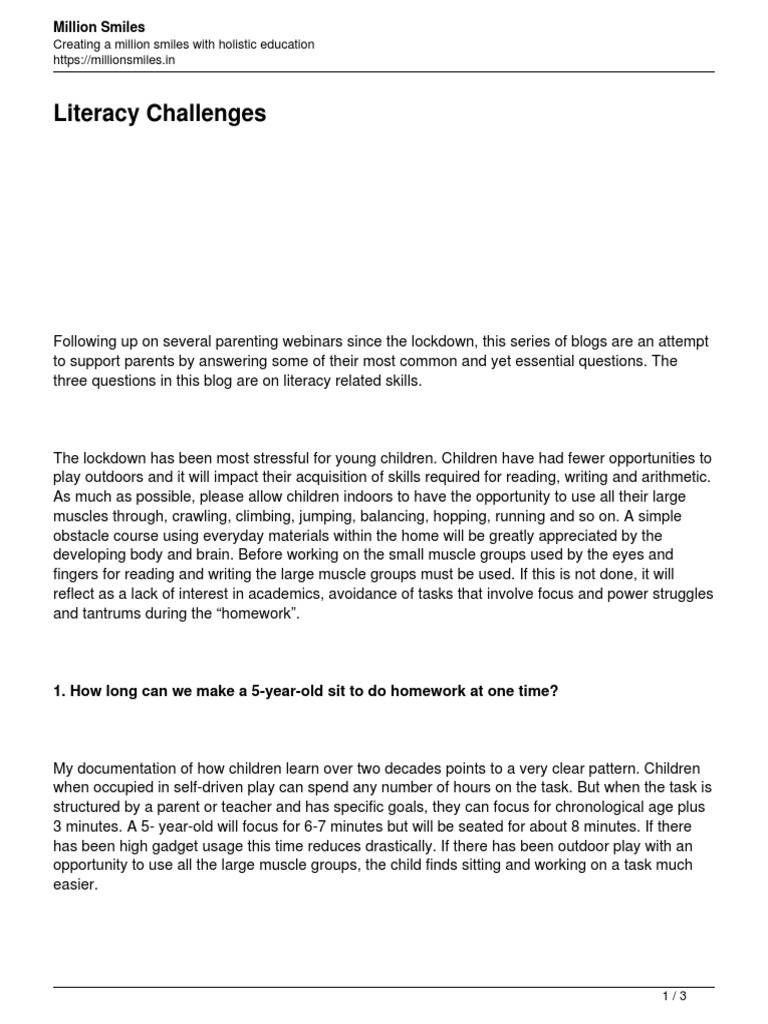 Literacy Challenges: Million Smiles | PDF | Literacy | Homework