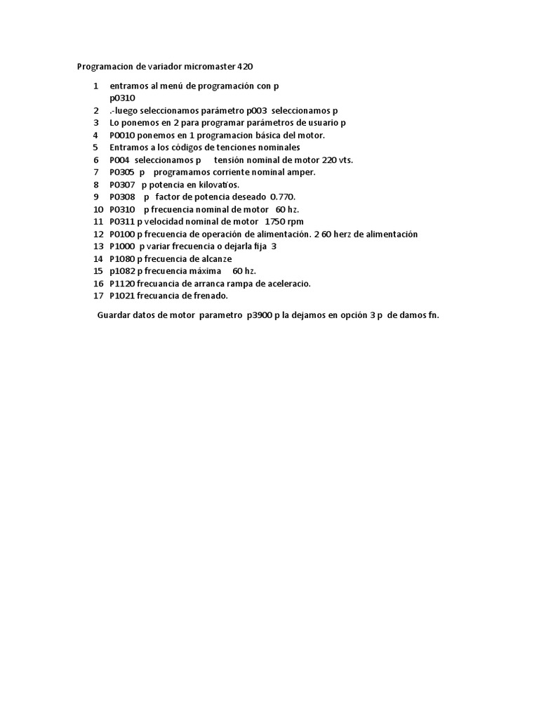 Programacion de Variador Micromaster 420 | PDF
