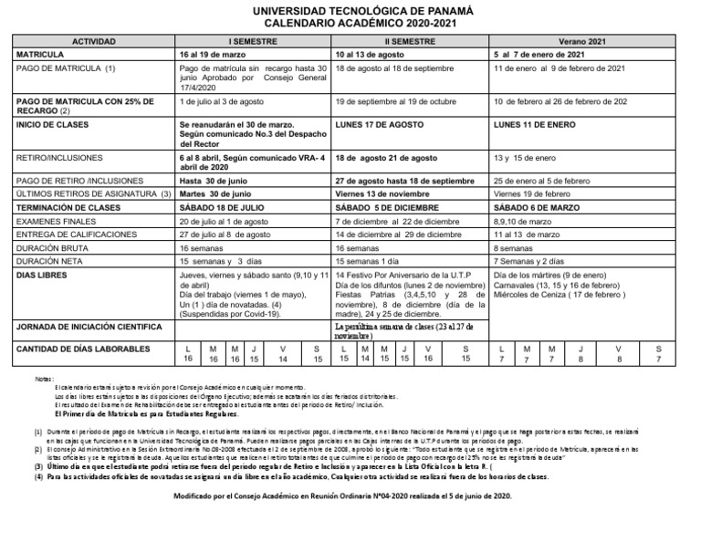 Utp Calendario Academico 2020 2021 | PDF | Calendario | Panamá