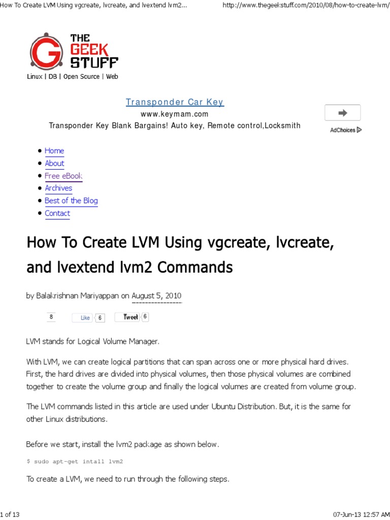 Create Lvm Using Vgcreate Lvcreate And Lvextend Lvm2 Commands Pdf Pdf Unix Unix Software 