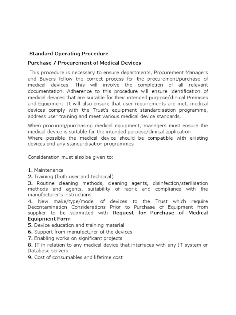 SOP For Procurement of Medical Devices | PDF | Medical Device | Procurement