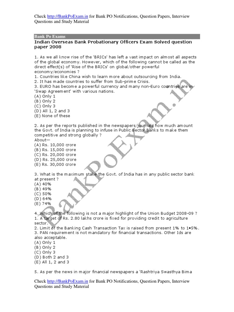 Indian Overseas Bank PO Sample Paper 3 | PDF | Loans | Credit Card