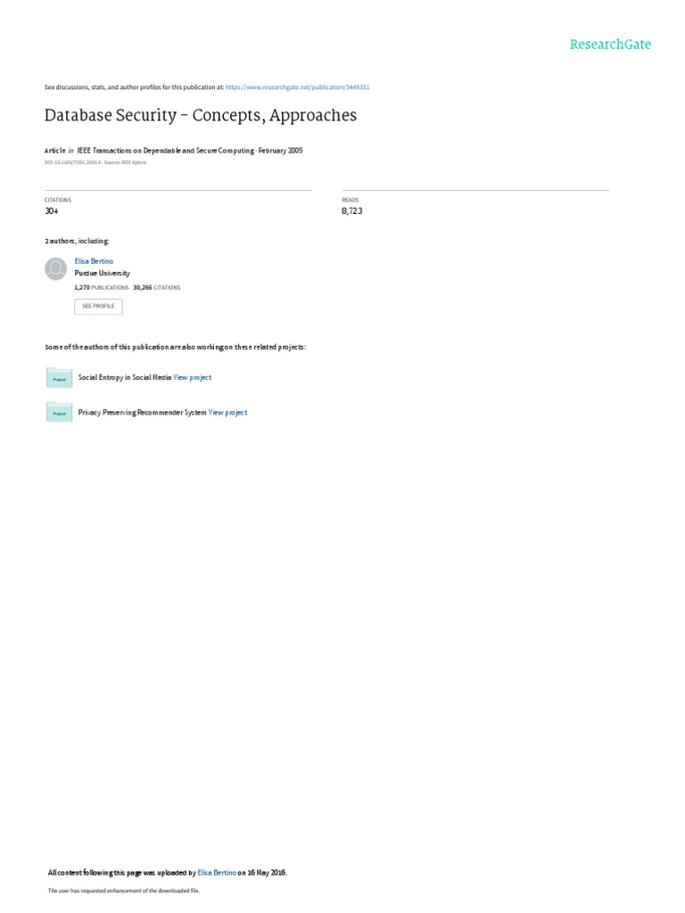 Database Security - Concepts, Approaches: IEEE Transactions On Dependable and Secure Computing ...