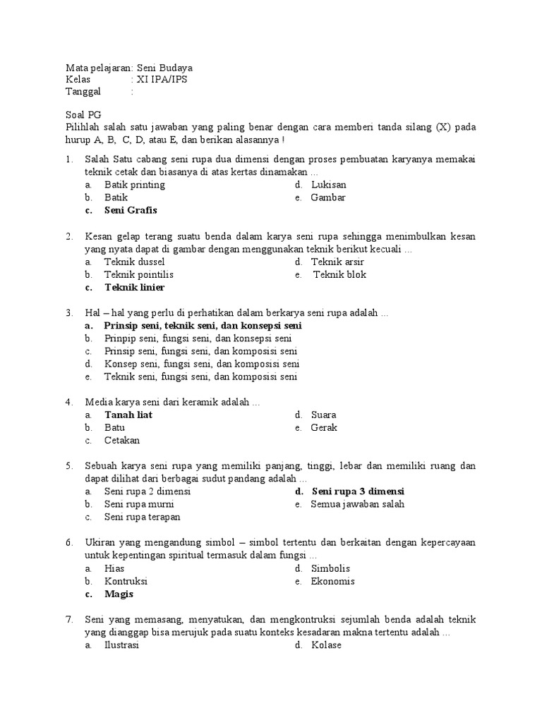 Soal Pilihan Ganda Seni Budaya Kelas XI Ipa Ips | PDF