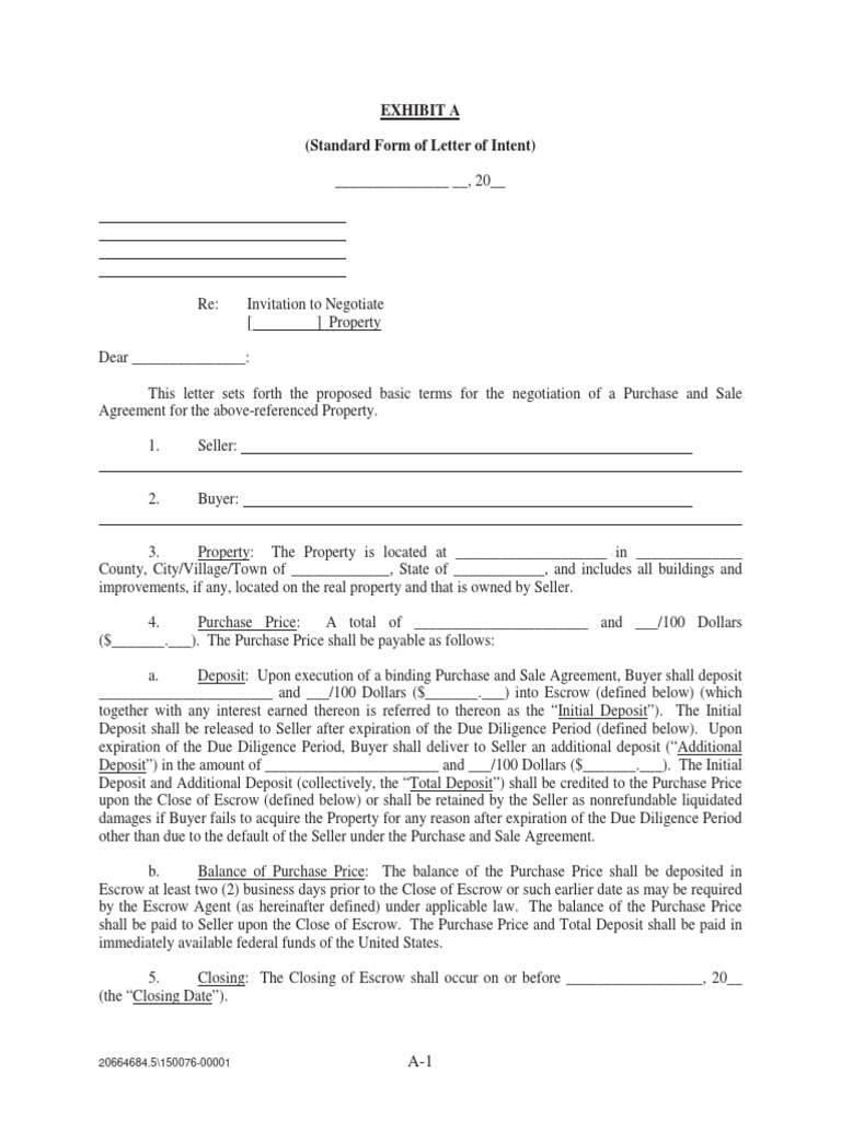 Exhibit A (Standard Form of Letter of Intent) | PDF | Indemnity | Insurance