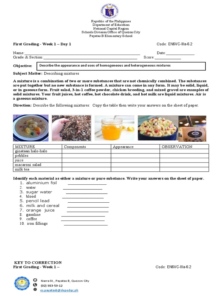 SCIENCE QRTER 1 WK 1 Template-for-Worksheets-PBES | PDF | Homogeneity ...