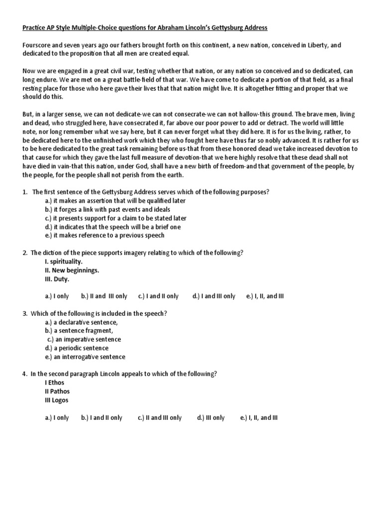 Practice AP Style Multiple-Choice Questions For Abraham Lincoln's ...