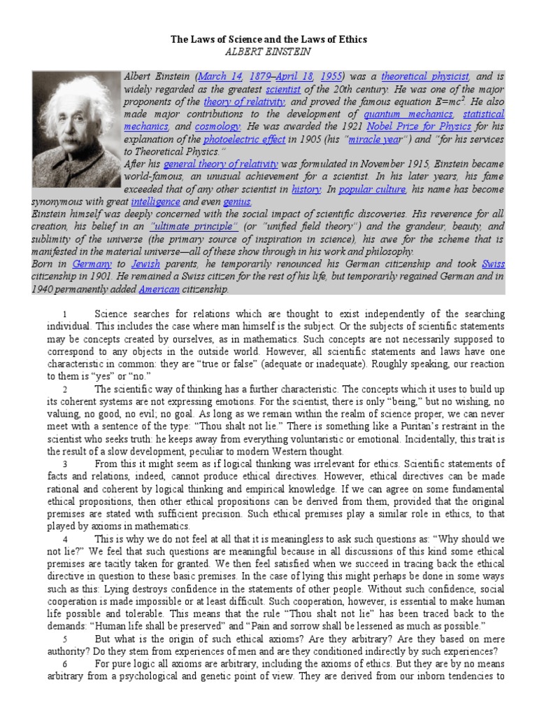 Einstein on Ethics and Science | PDF | Albert Einstein | Theoretical ...