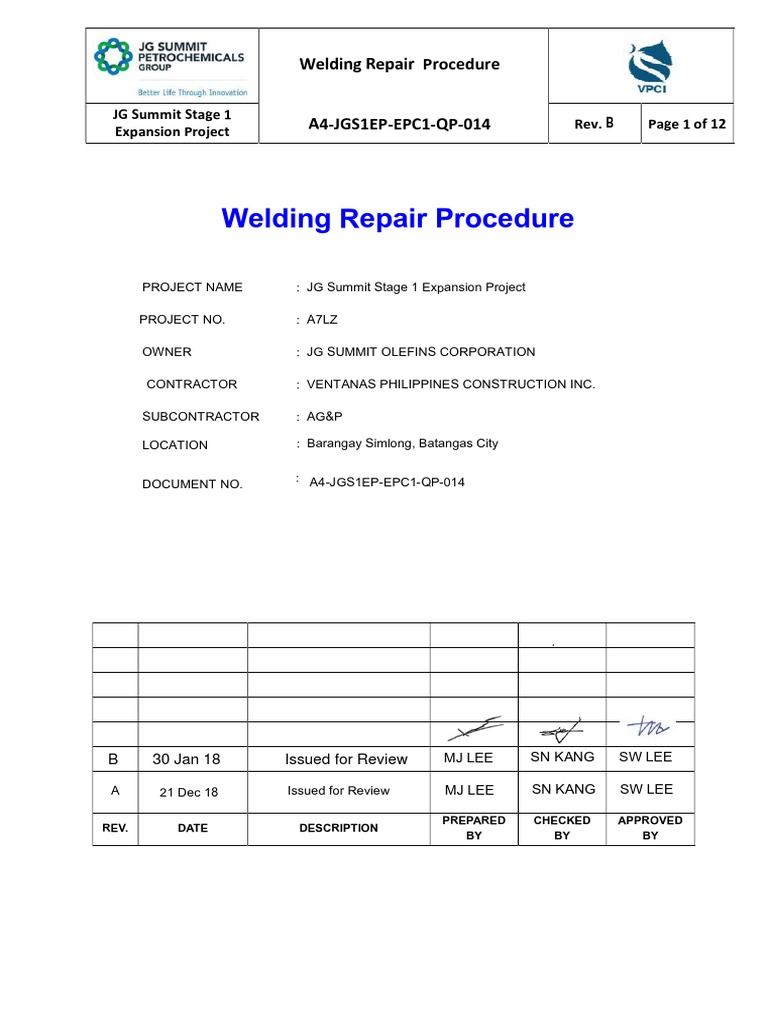 A4-Jgs1ep-Epc1-Qp-014 Rev. B (Welding Repair Procedure Ag&p) | PDF ...