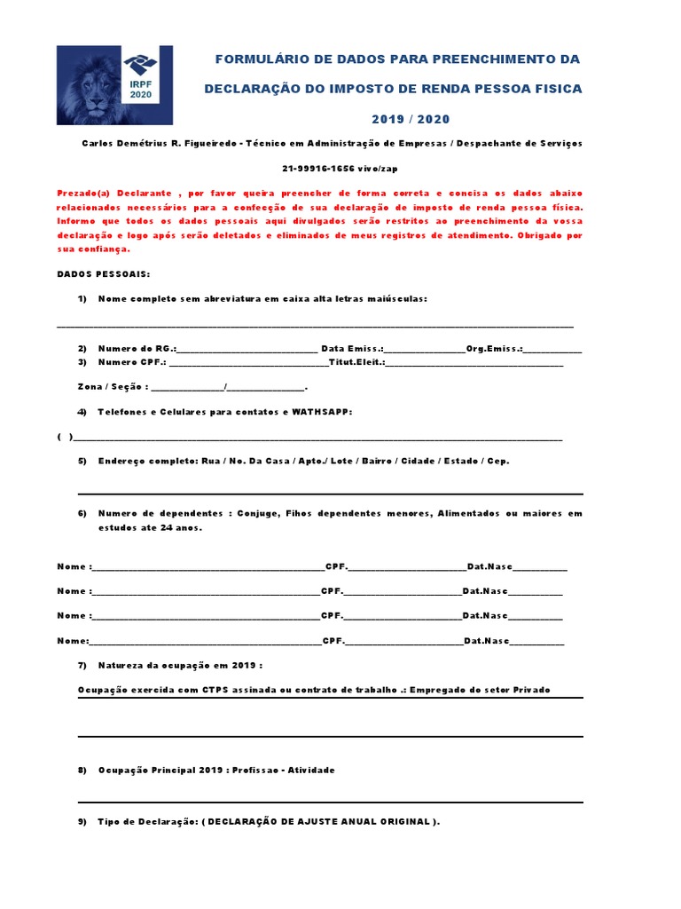 Formulário para Declaração de IRPF 2019 | PDF | Imposto de Renda | Renda