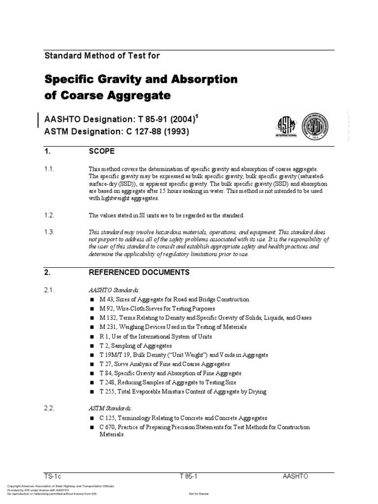 Specific Gravity and Absorption of Coarse Aggregate: Standard Method of ...