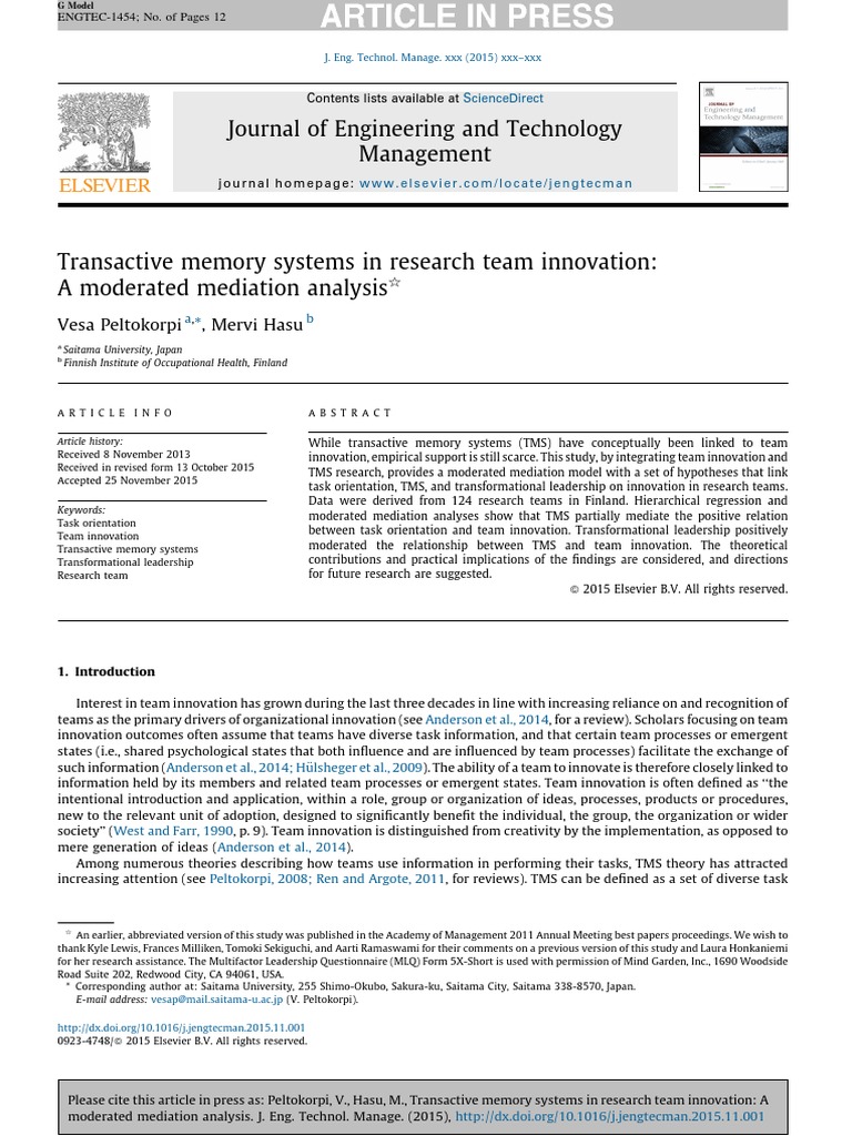 Transactive Memory Systems Team Innovation | PDF | Transformational ...
