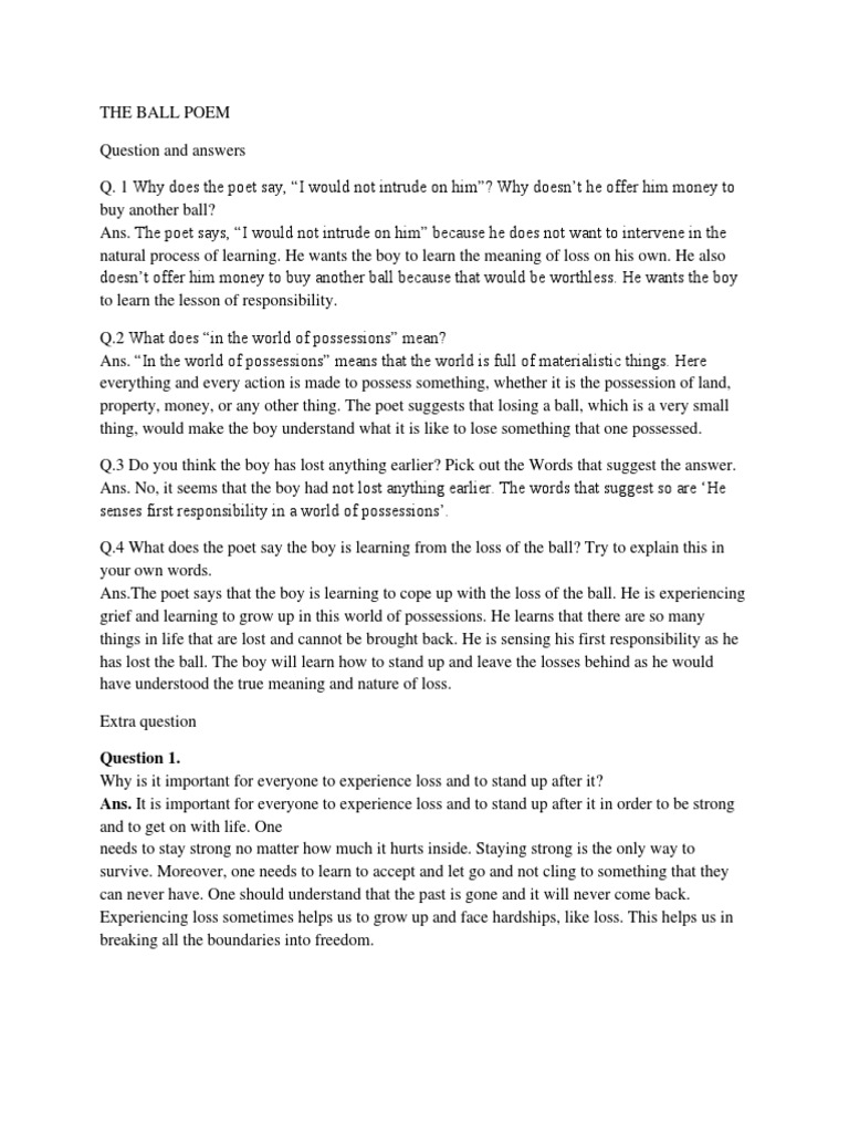 Ball Poem Q&A for Class 10 Students | PDF | Self-Improvement