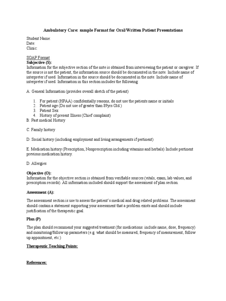 Ambulatory Care: Sample Format For Oral/Written Patient Presentations ...