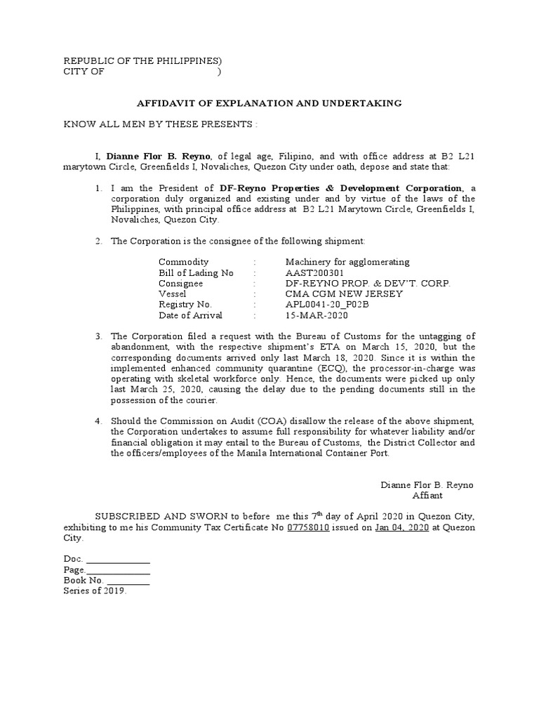 Affidavit of Explanation and Undertaking | PDF | Affidavit | Government