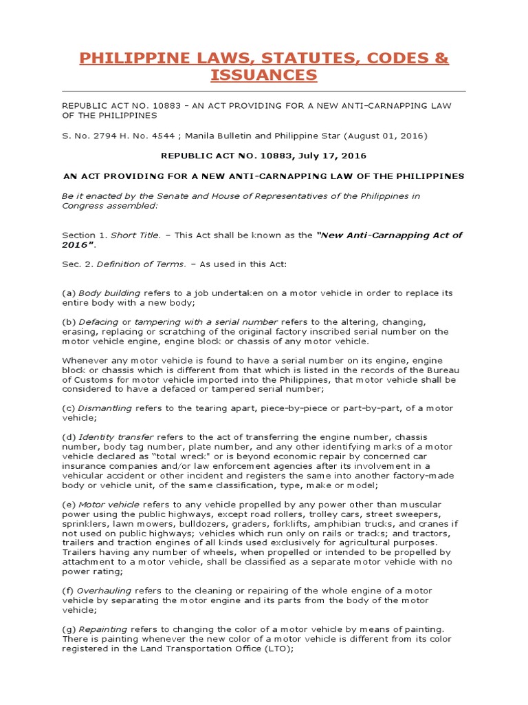 Philippine Laws, Statutes, Codes & Issuances | PDF | Carjacking | Vehicles