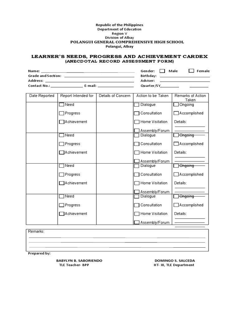 Learner'S Needs, Progress and Achievement Cardex: Polangui General ...