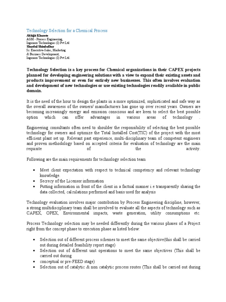 Technology Selection For A Chemical Process Guidelines | PDF ...
