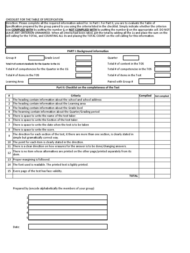 Checklist For TOS and Test | PDF | Cognition | Learning