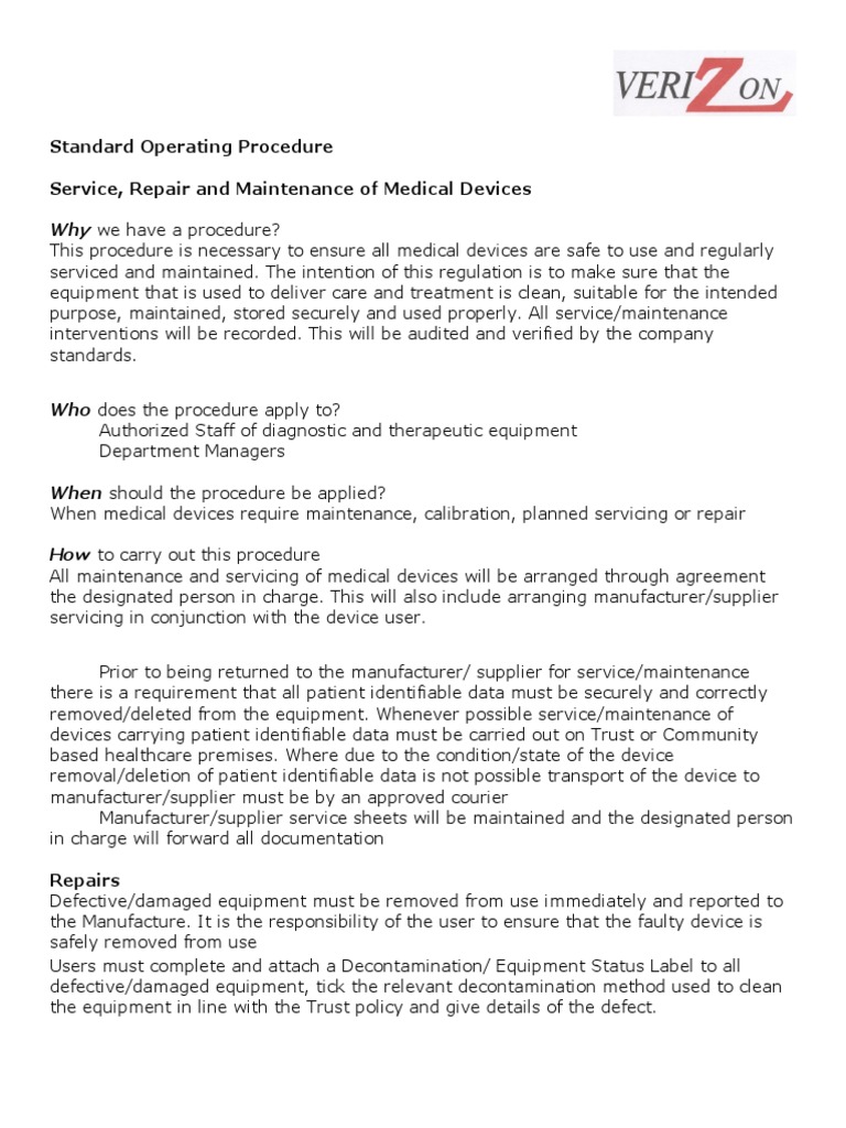 SOP For Maintenance of Medical Devices | PDF | Medical Device | Medicine