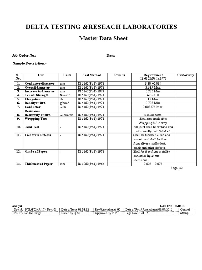 Delta Testing &reseach Laboratories: Master Data Sheet | PDF | Sheet ...
