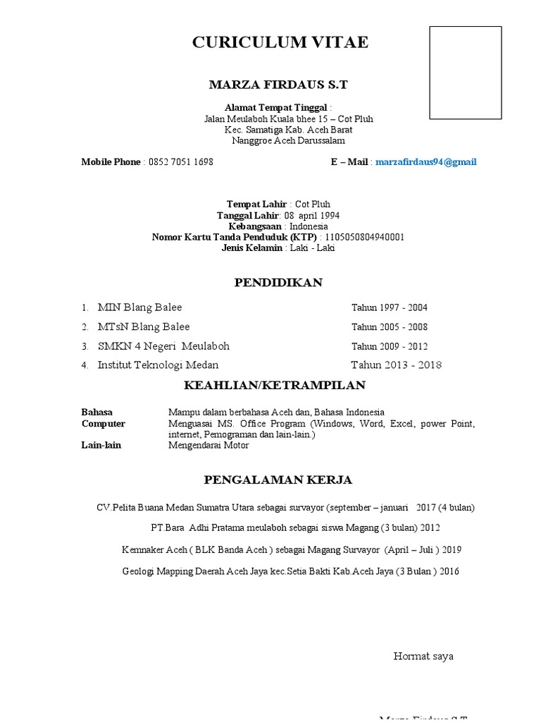 CV Marza Firdaus | PDF