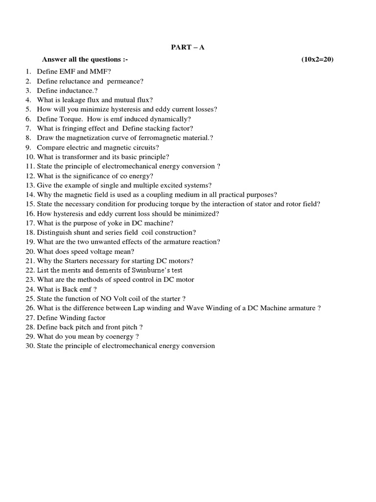 Part - A Answer All The Questions: - (10x2 20) | PDF | Electric Motor | Inductor