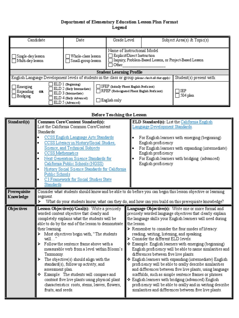 Department of Elementary Education Lesson Plan Format Legend | Download ...
