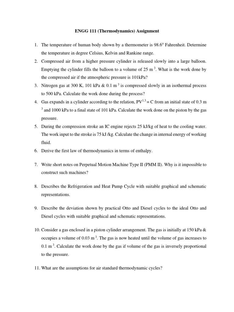ENGG 111 (Thermodynamics) Assignment | PDF