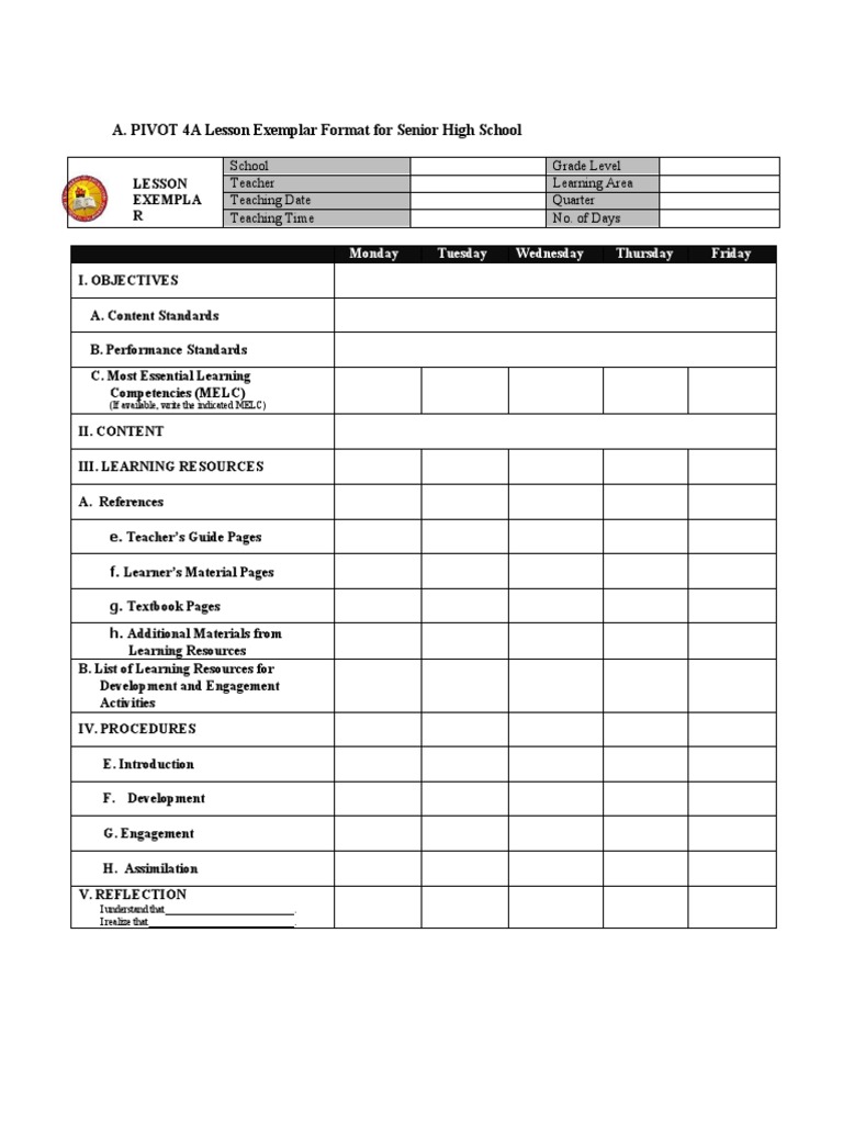 A. PIVOT 4A Lesson Exemplar Format For Senior High School | PDF | Career & Growth | Language ...