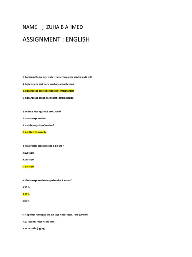 Assignment: English: Name Zuhaib Ahmed | PDF | Speed Reading | Learning Methods