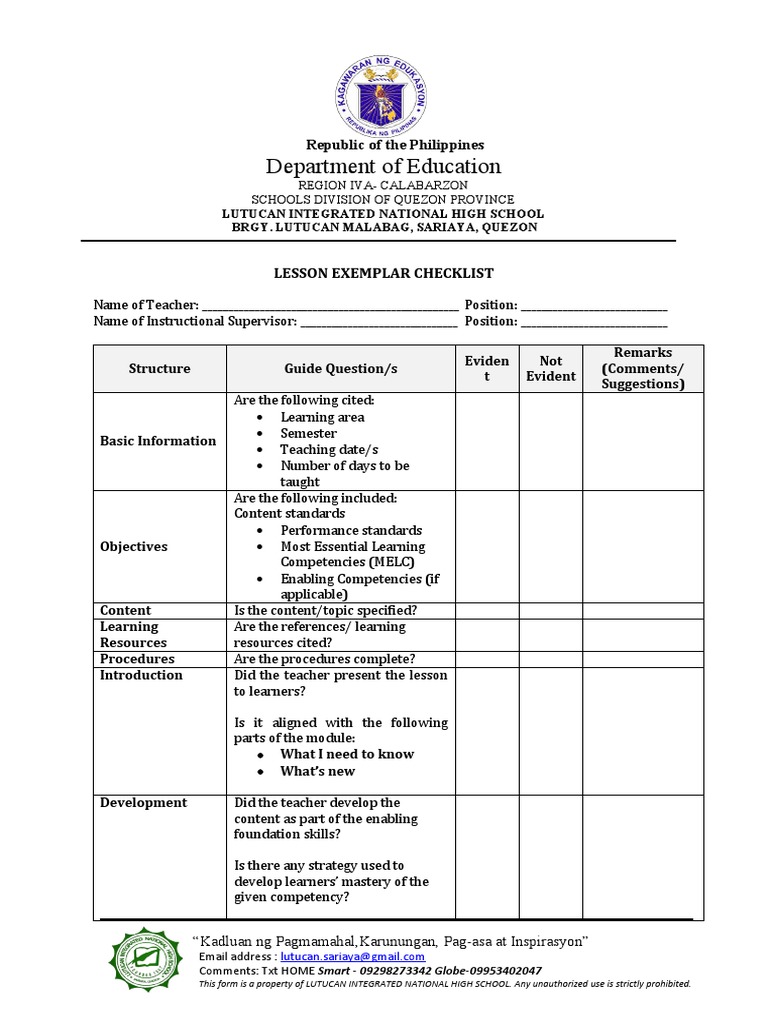 Lesson Exemplar Checkilst | PDF | Pedagogy | Learning