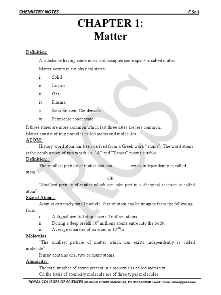 Chemistry Notes Chap 1 | PDF | Stoichiometry | Mole (Unit)
