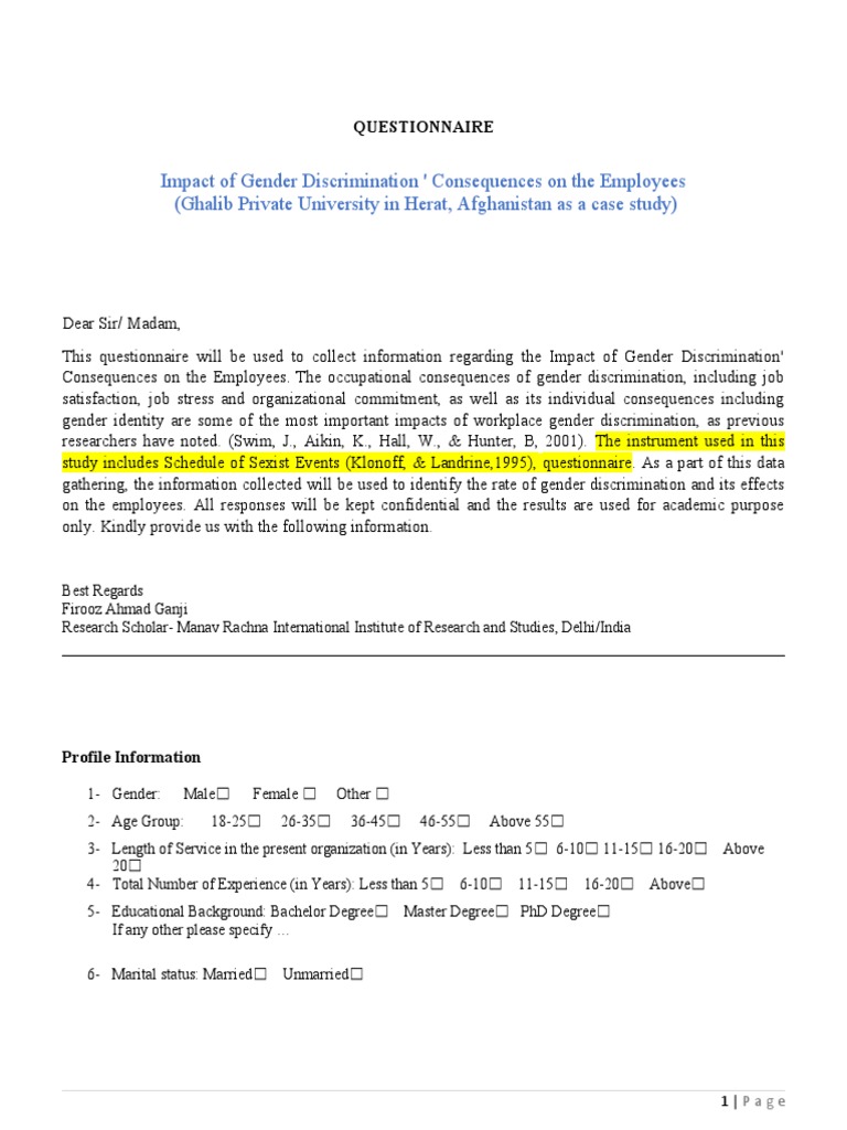 Impact of Gender Discrimination ' Consequences On The Employees (Ghalib ...