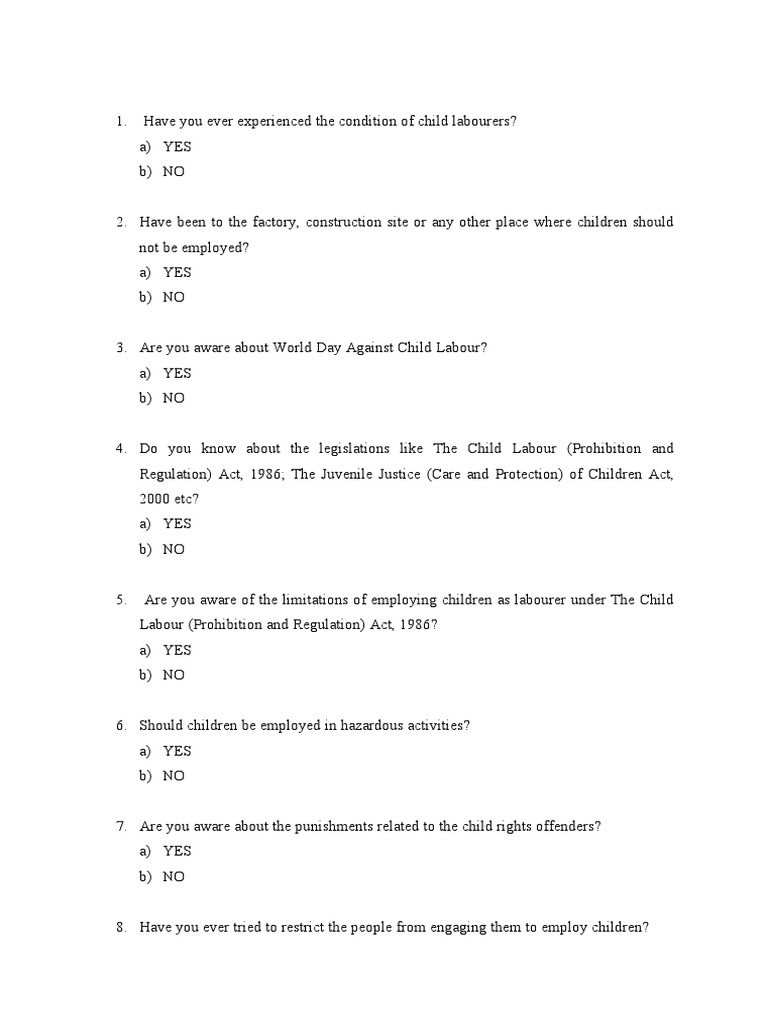 Child Labour Awareness Questionnaire | PDF | Social Science
