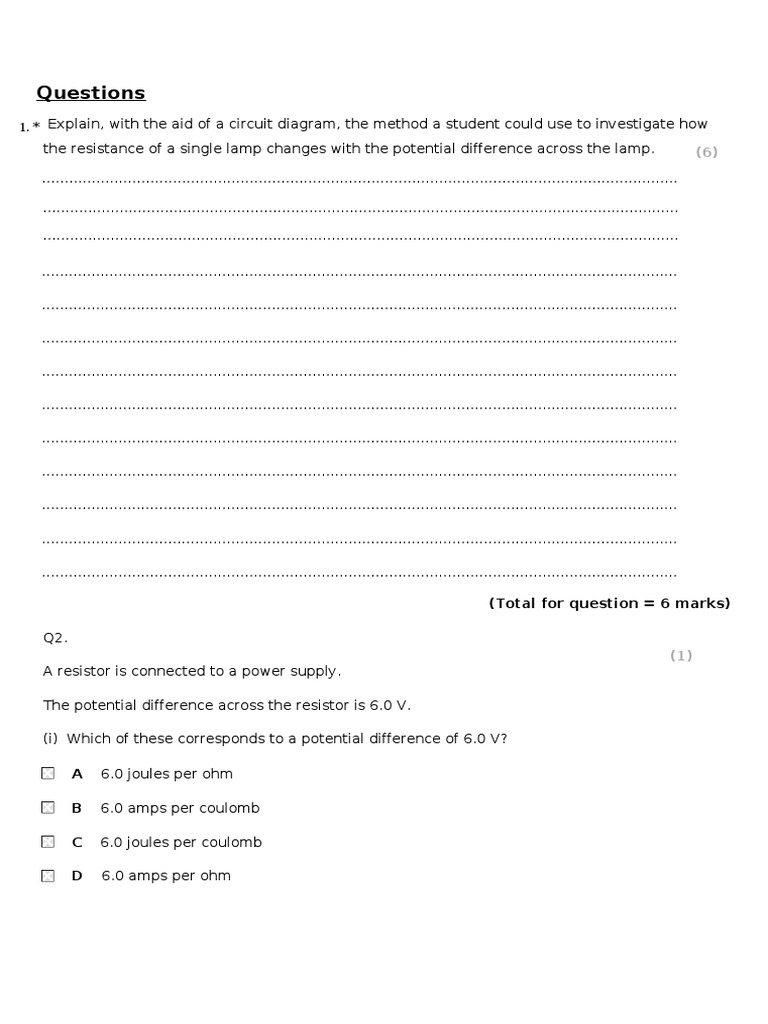 Questions: (Total For Question 6 Marks) | PDF | Voltage | Resistor