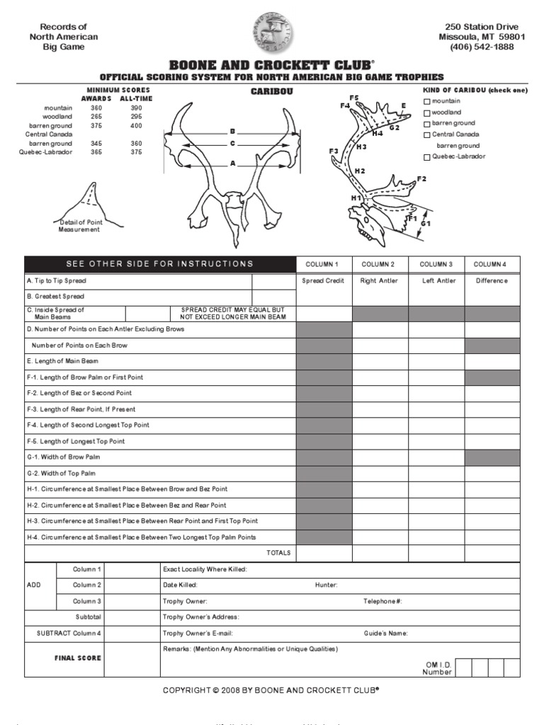 Boone and Crockett - Caribou Score Sheet | PDF | Big Game Hunting | Hunting