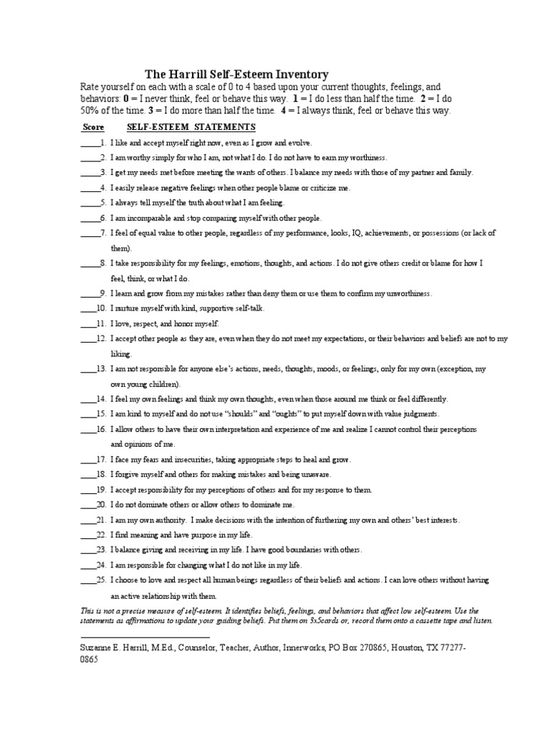 The Harrill Self-Esteem Inventory PDF | PDF | Self Esteem | Feeling