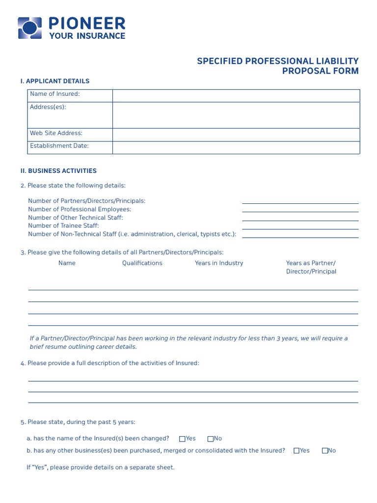 Professional Liability Proposal Form - Editable | PDF | Liability ...