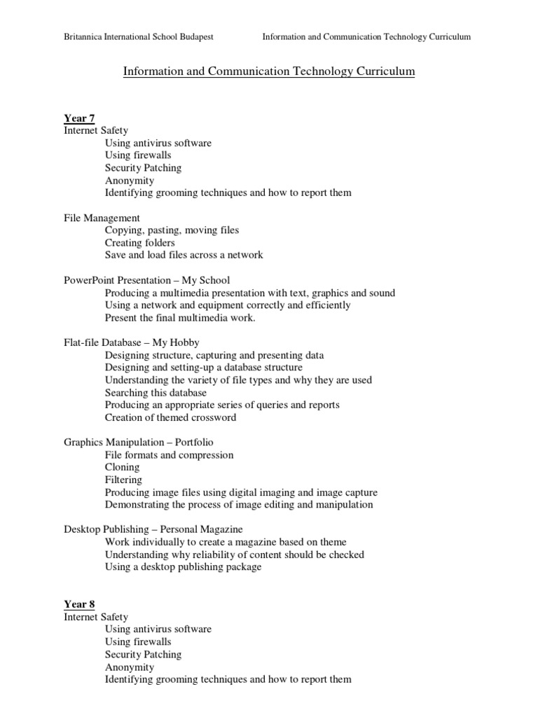 Information and Communication Technology Curriculum: Year 7 | PDF ...