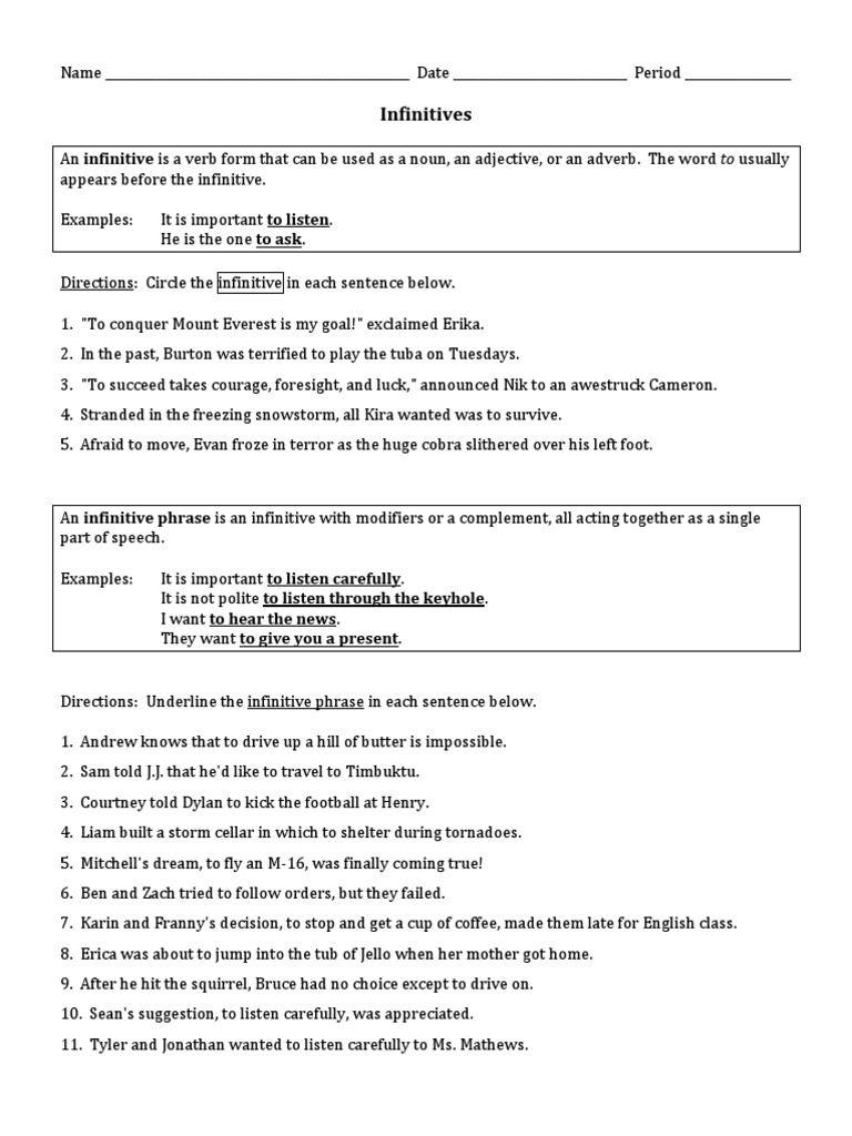 Infinitives and Infinitive Phrases Worksheet | PDF | Sports ...