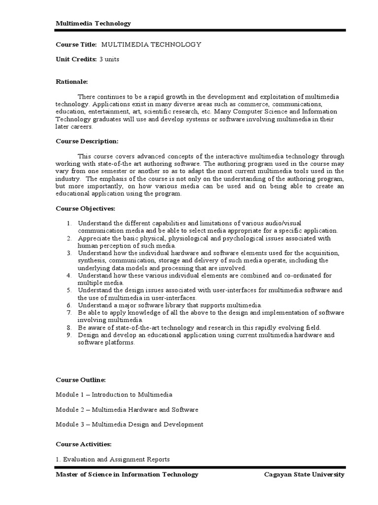 Multimedia Technology Course Title: Multimedia Technology Unit Credits: 3 Units | PDF ...