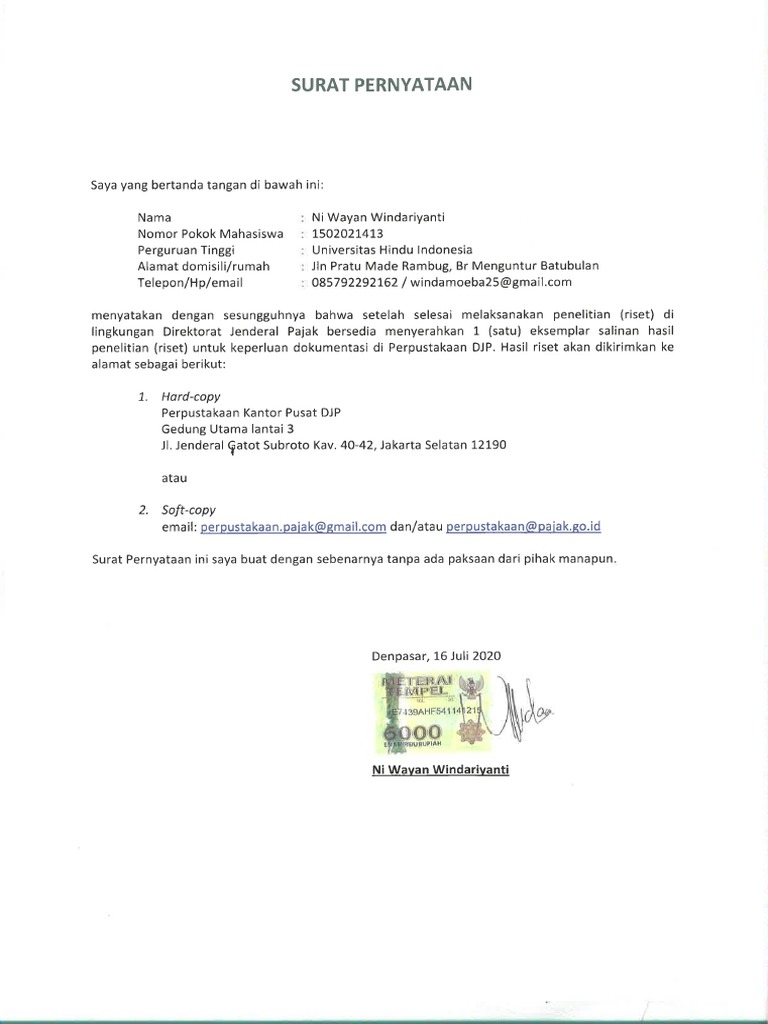 Surat Pernyataan Bersedia Menyerahkan Ringkasan Hasil Riset PDF | PDF